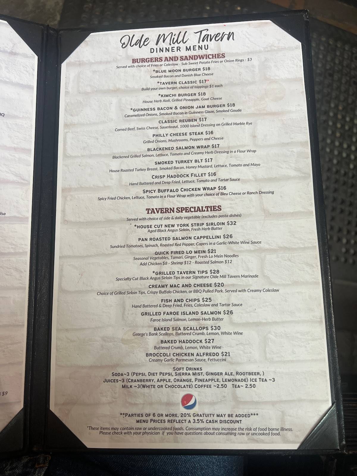Menu at Olde Mill Tavern restaurant, Harrison