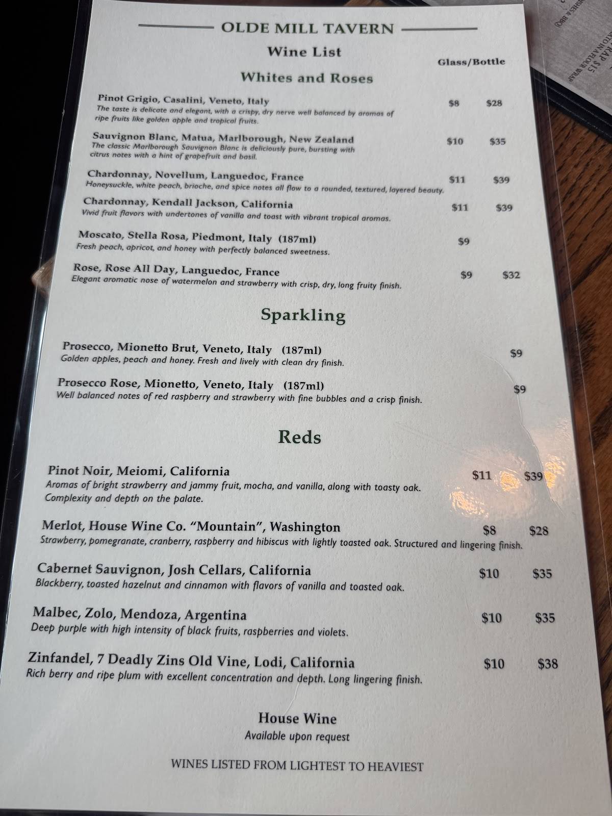Menu at Olde Mill Tavern restaurant, Harrison