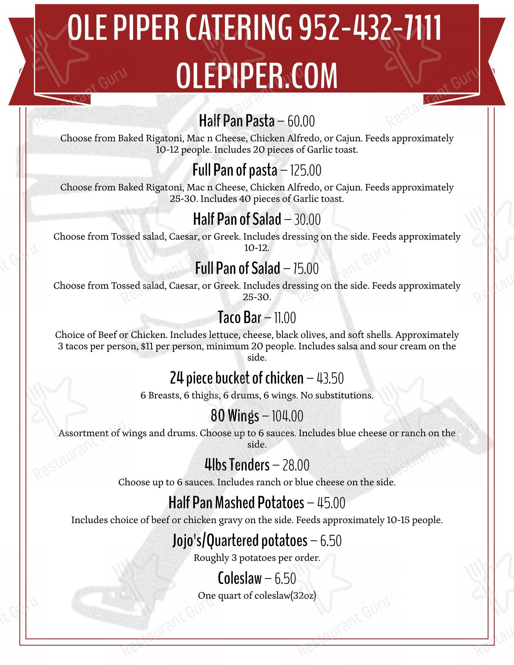 Menu at Ole Piper Family Restaurant and Sports Bar, Rosemount