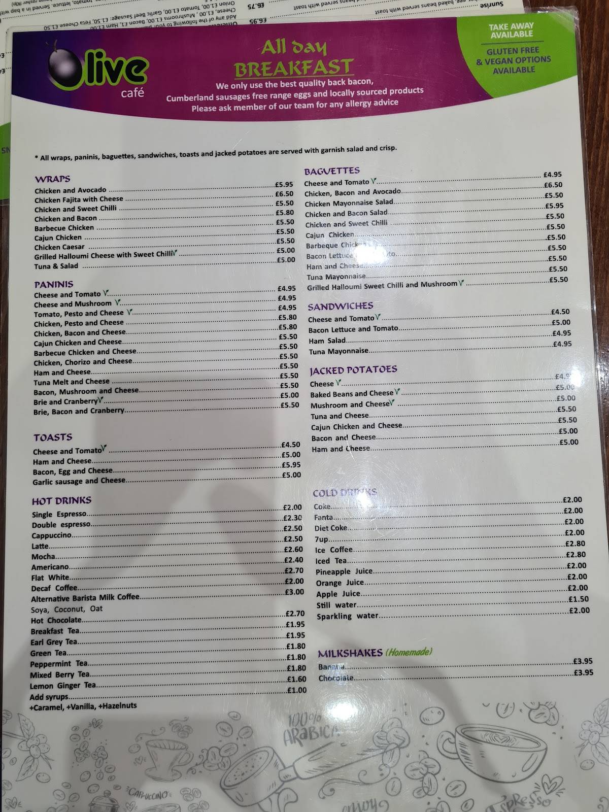 Menu at Olive Cafe, Bournemouth