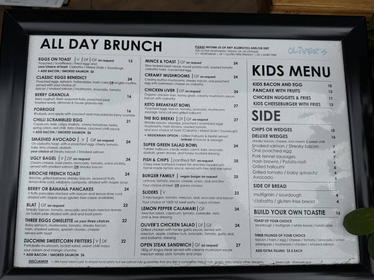 Menu at Oliver's Cafe Orewa, Orewa