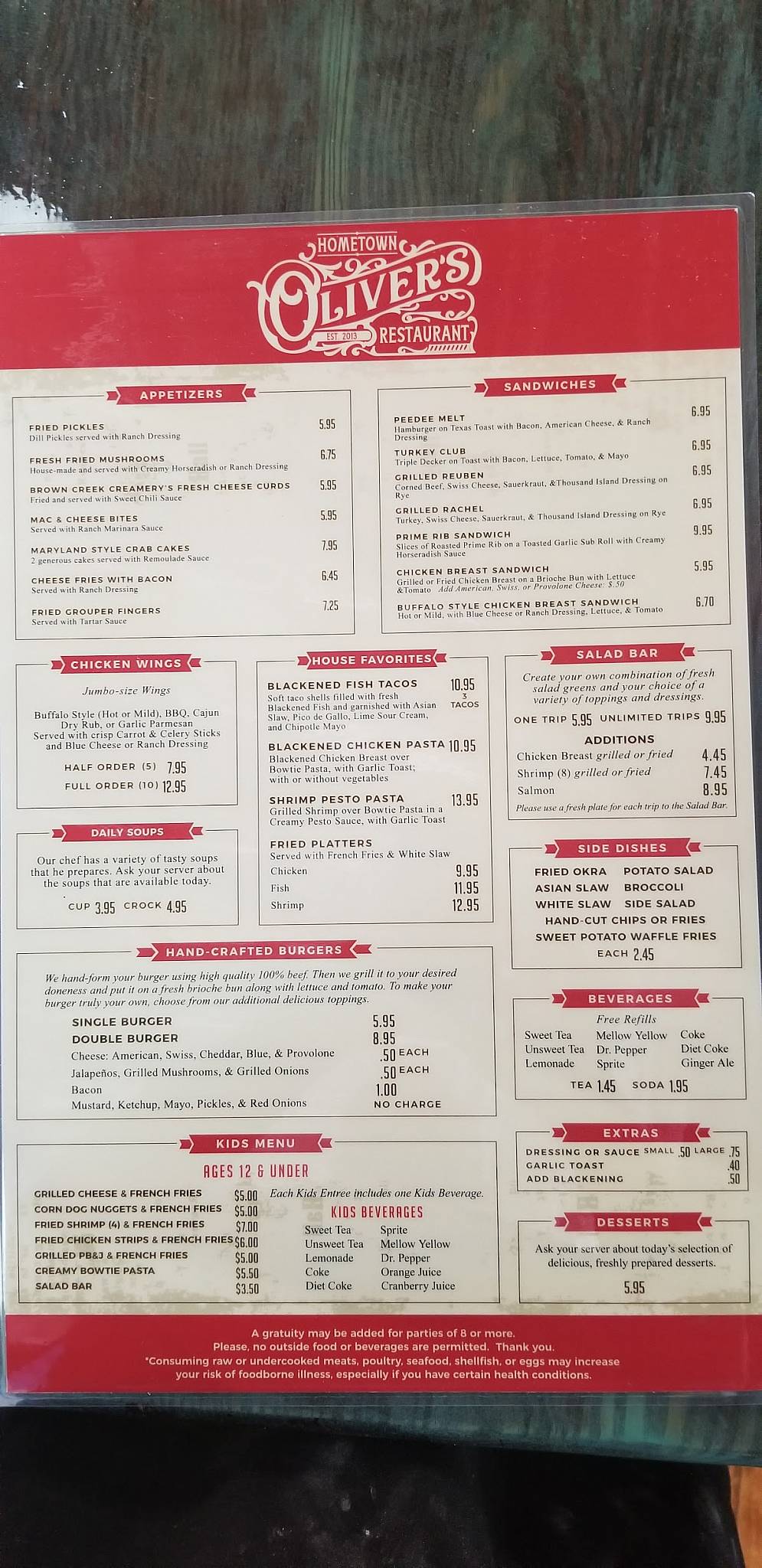 Menu at Oliver's Restaurant, Wadesboro