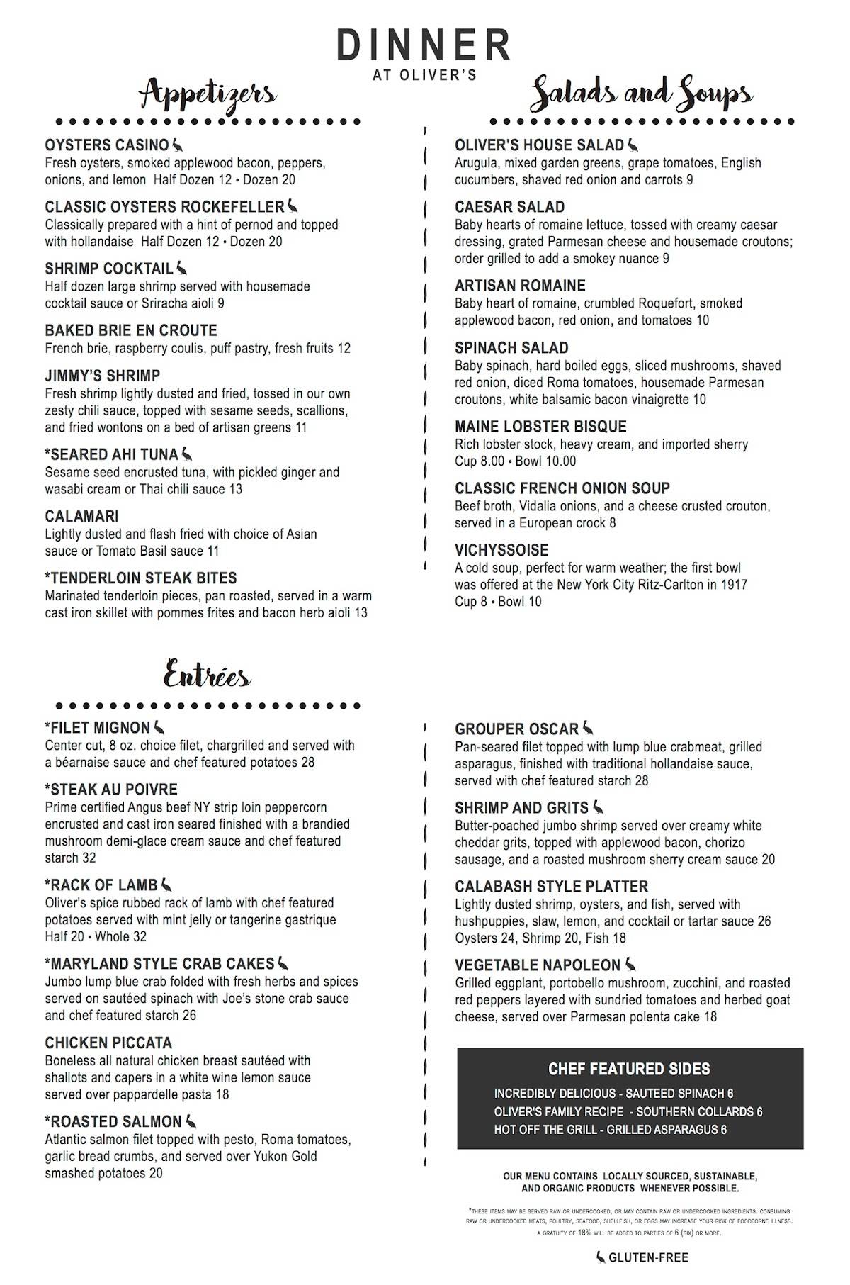 Menu at Oliver's on the Cape Fear restaurant, Southport