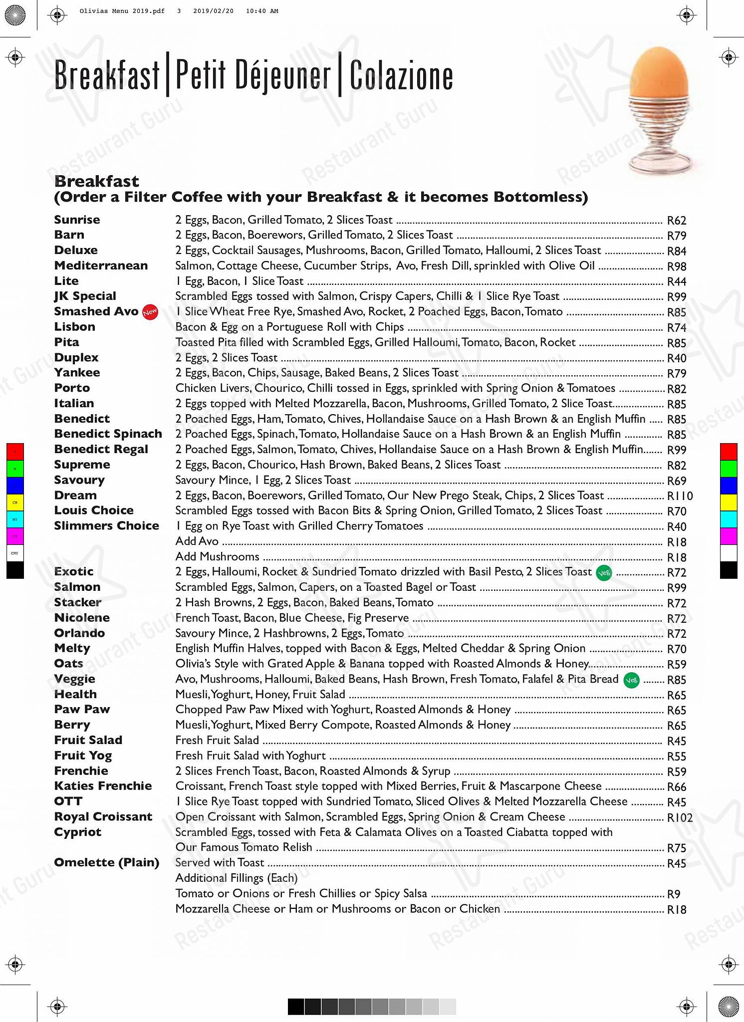 Menu at Olivias Coffeebake restaurant, Randburg