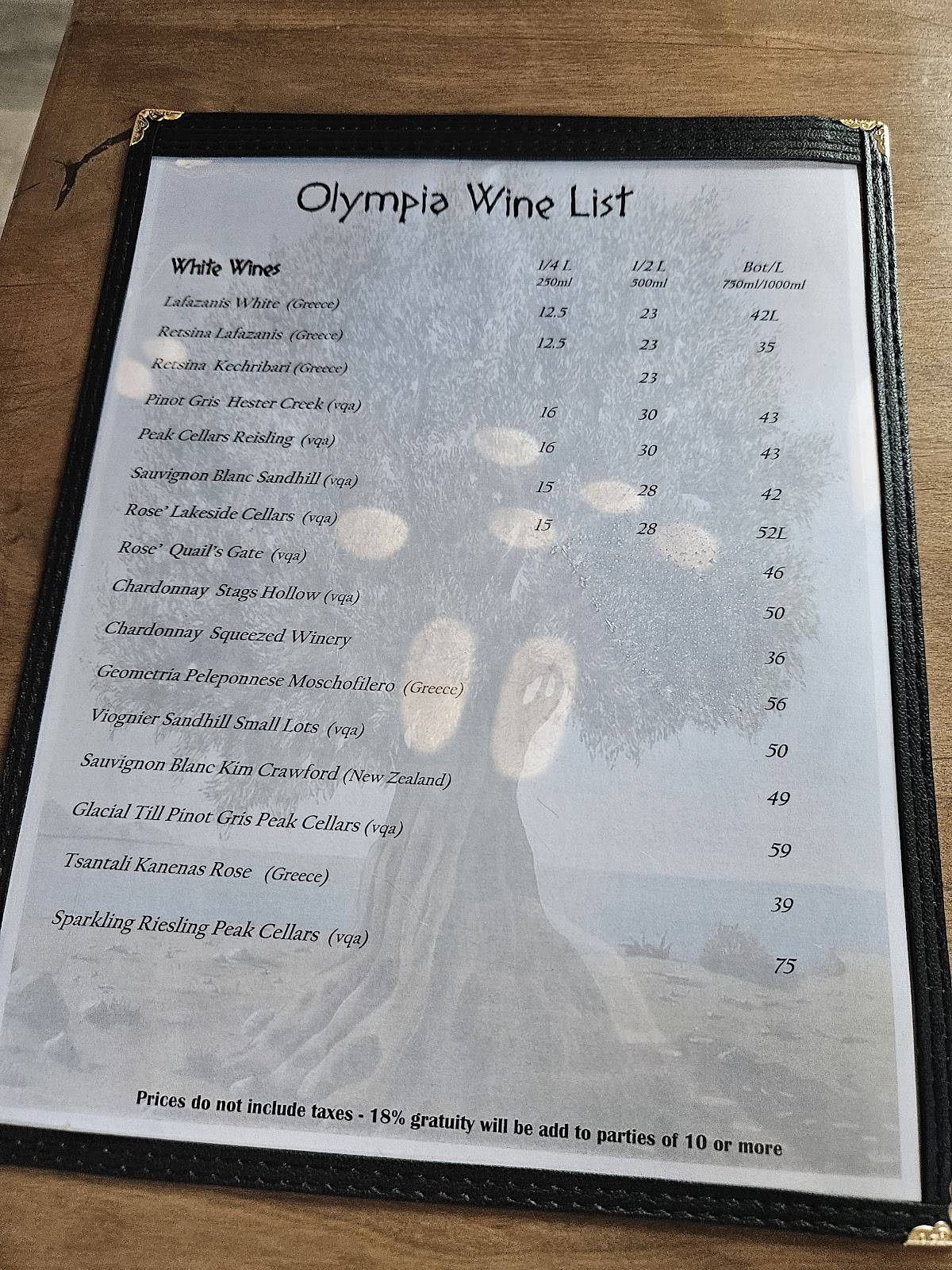 Menu at Olympia Greek Taverna pizzeria, Kelowna