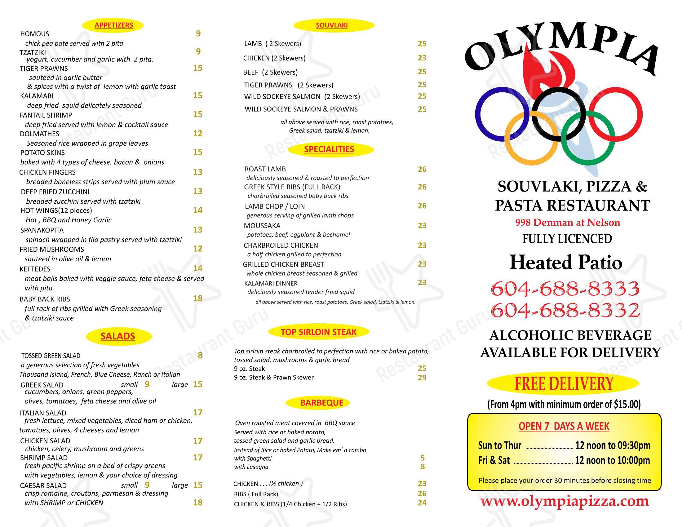 Menu at Olympia Restaurant, Bowmanville