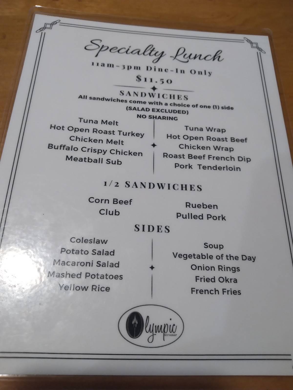Menu at Olympic Restaurant, Avon Park