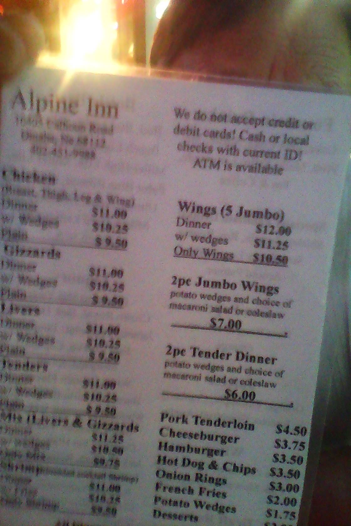 Menu at Alpine Inn pub & bar, Omaha