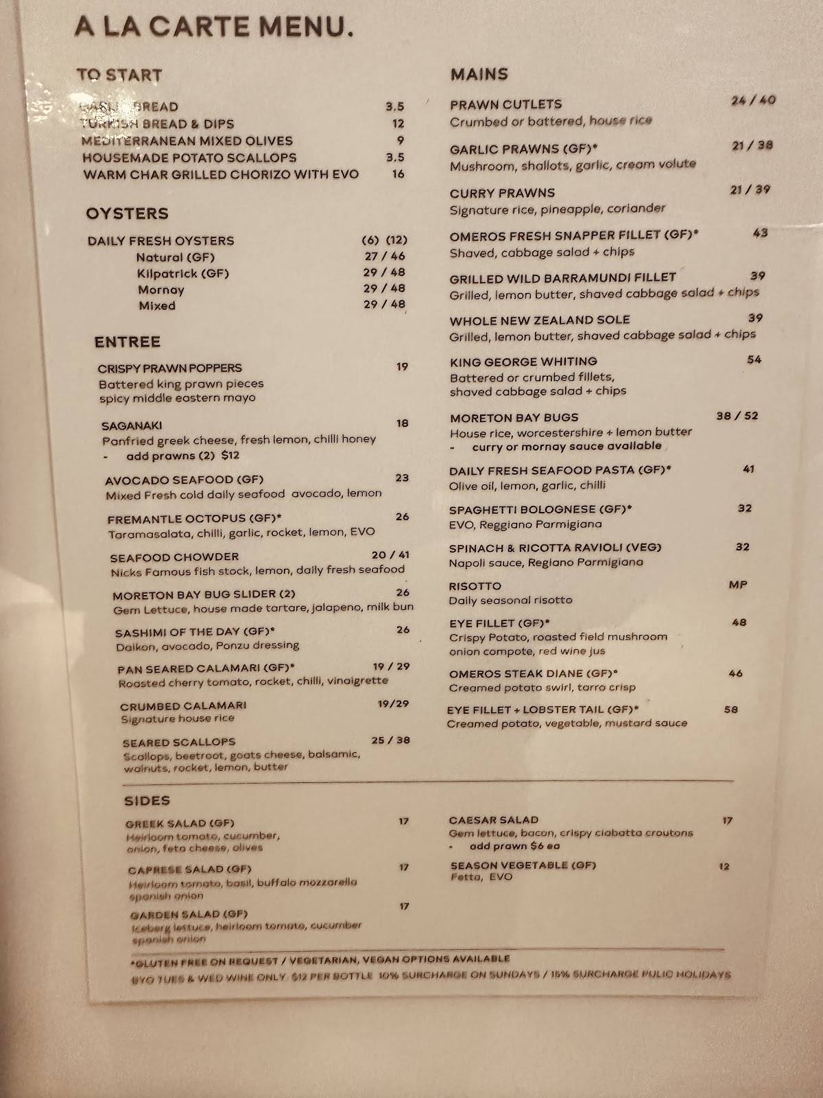 Menu at Omeros Fish Bar, Benowa