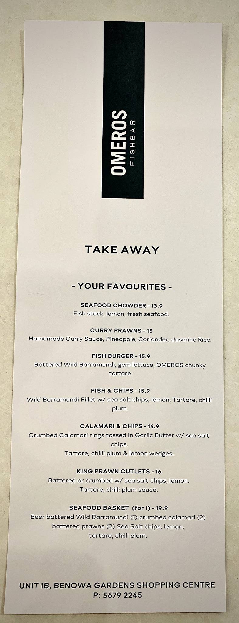 Menu at Omeros Fish Bar, Benowa