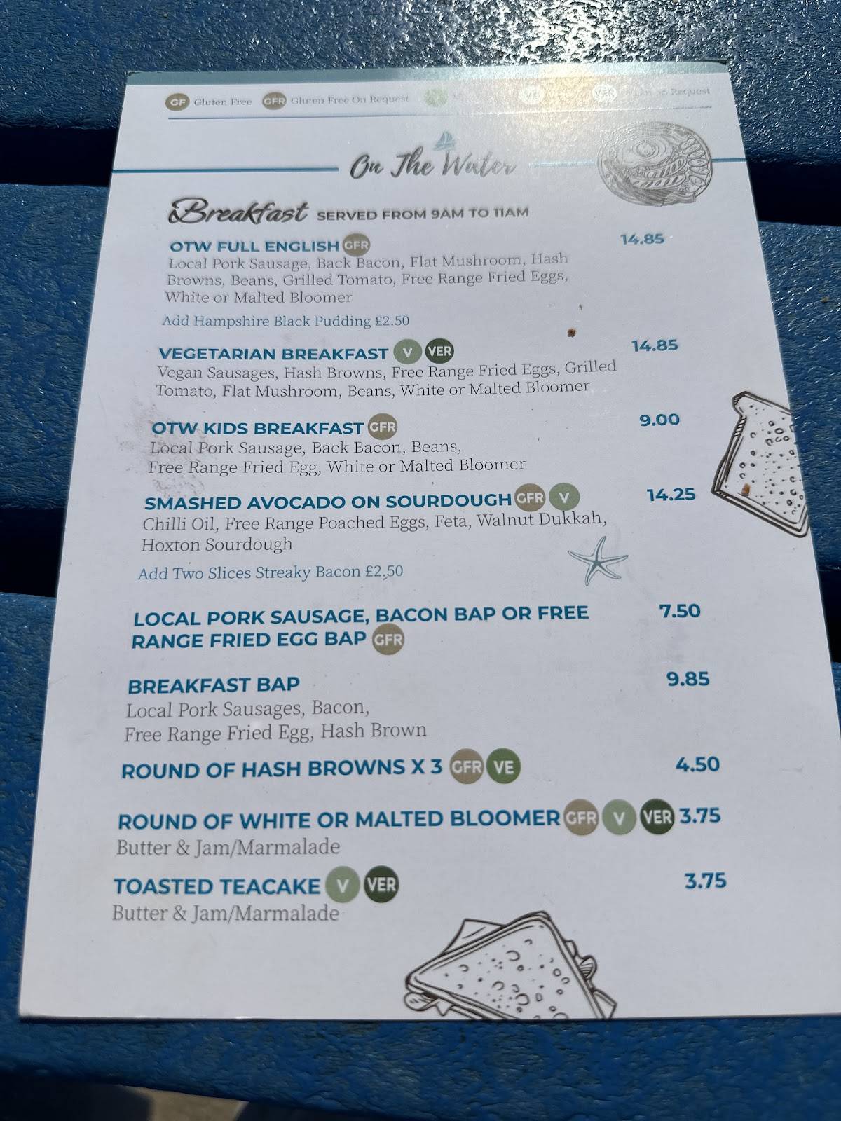 Menu at On The Water restaurant, Lee-on-the-Solent, Marine Parade W