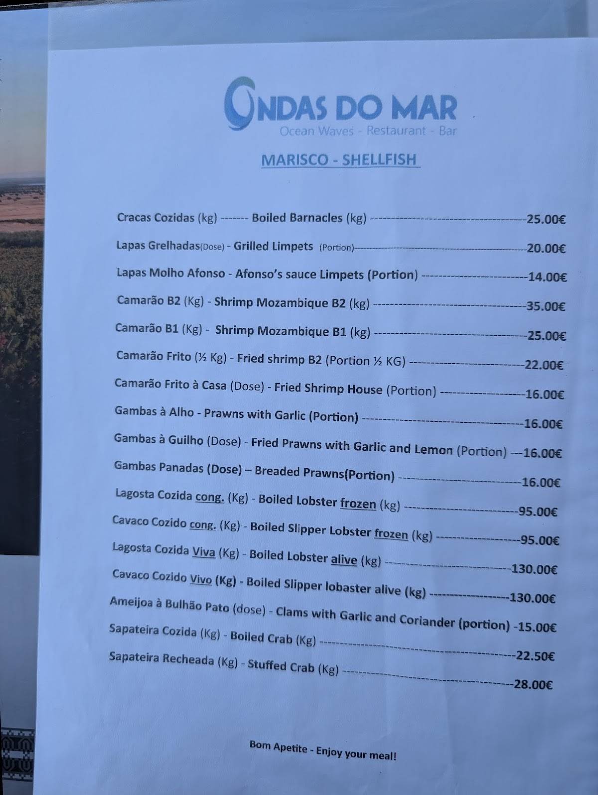 Menu em Ondas do Mar restaurante, Portugal