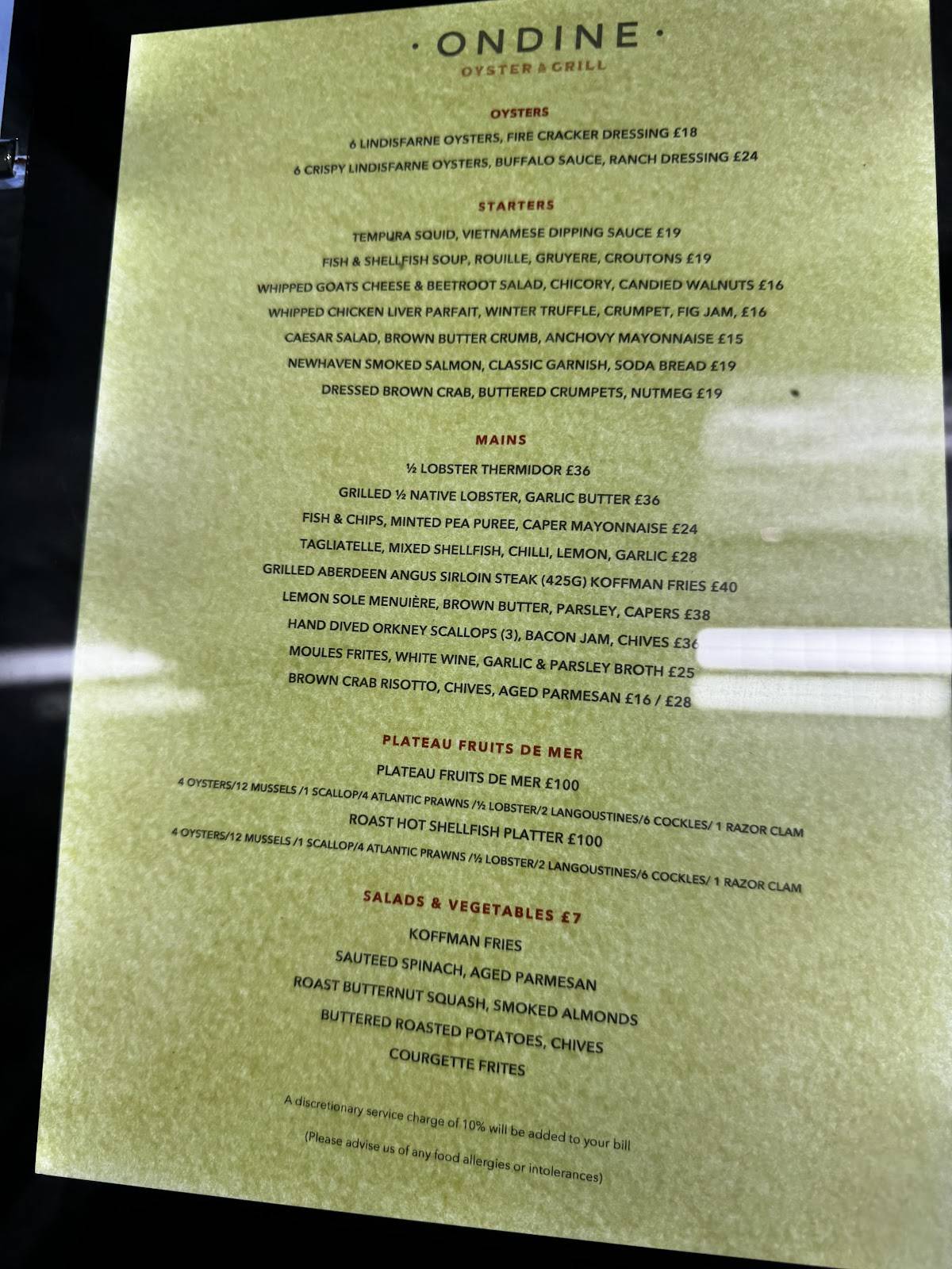 Menu at Ondine Restaurant, Edinburgh