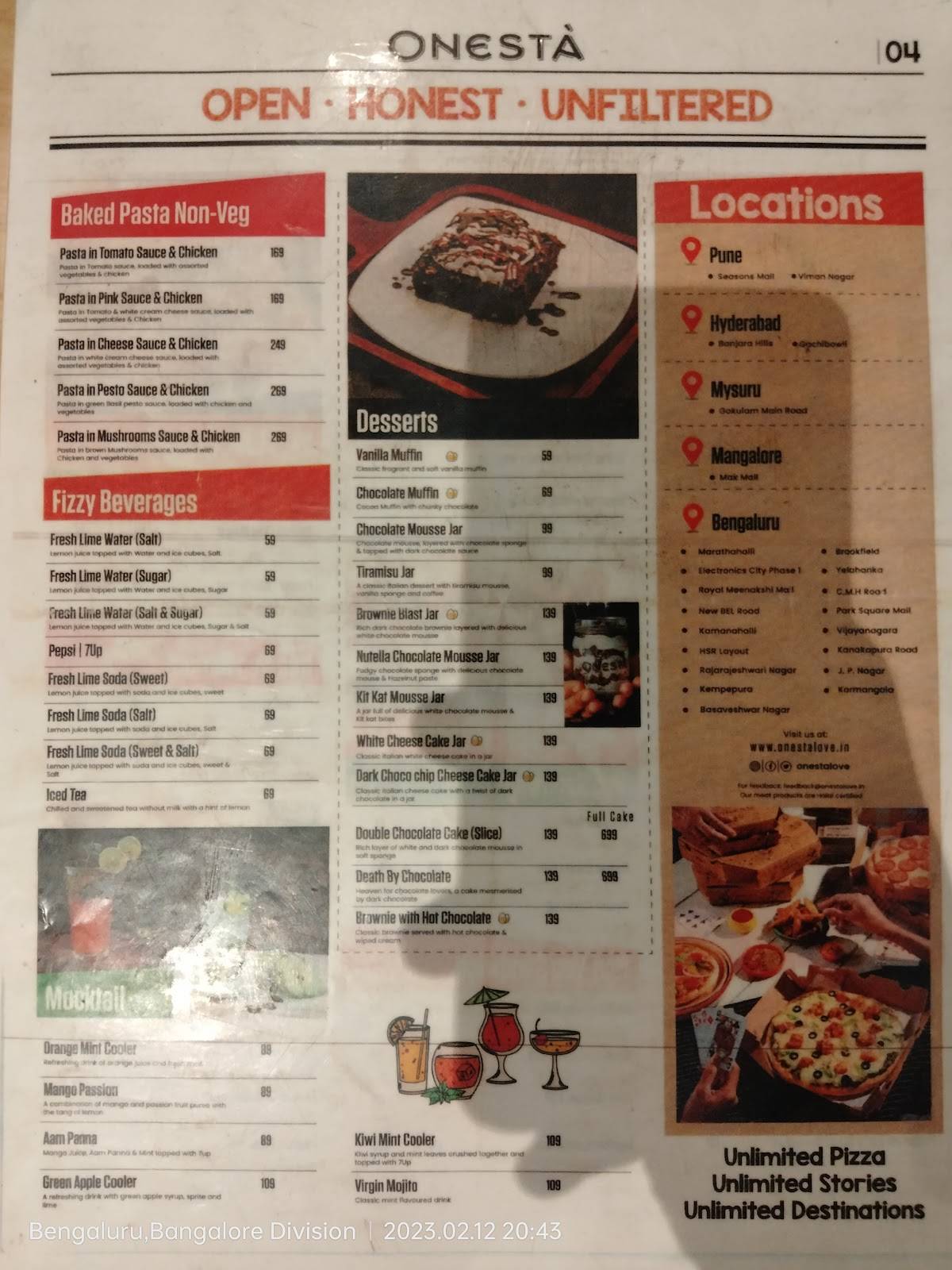 Menu at Onesta, Bengaluru, 91