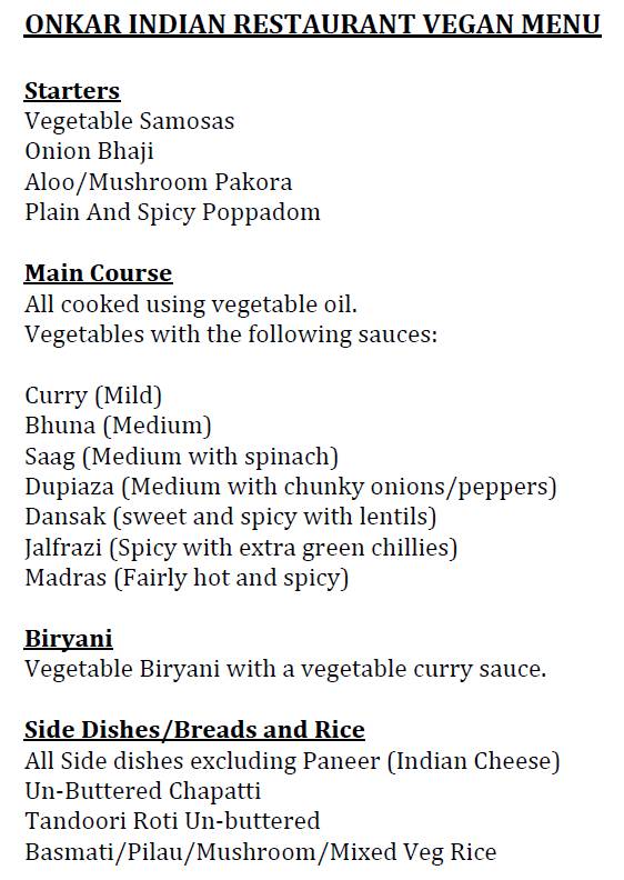 Menu at Onkar restaurant, Peterborough