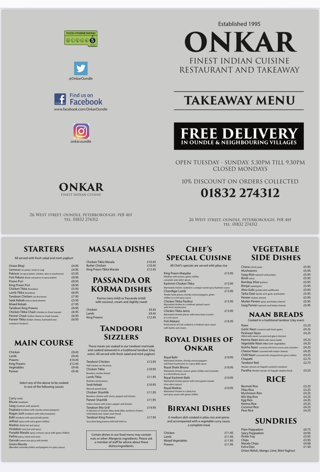 Menu at Onkar restaurant, Peterborough