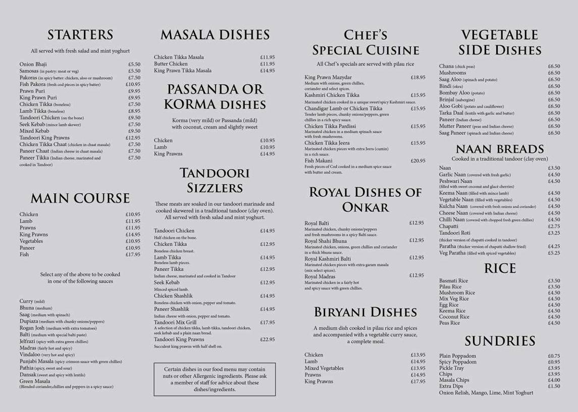 Menu at Onkar restaurant, Peterborough