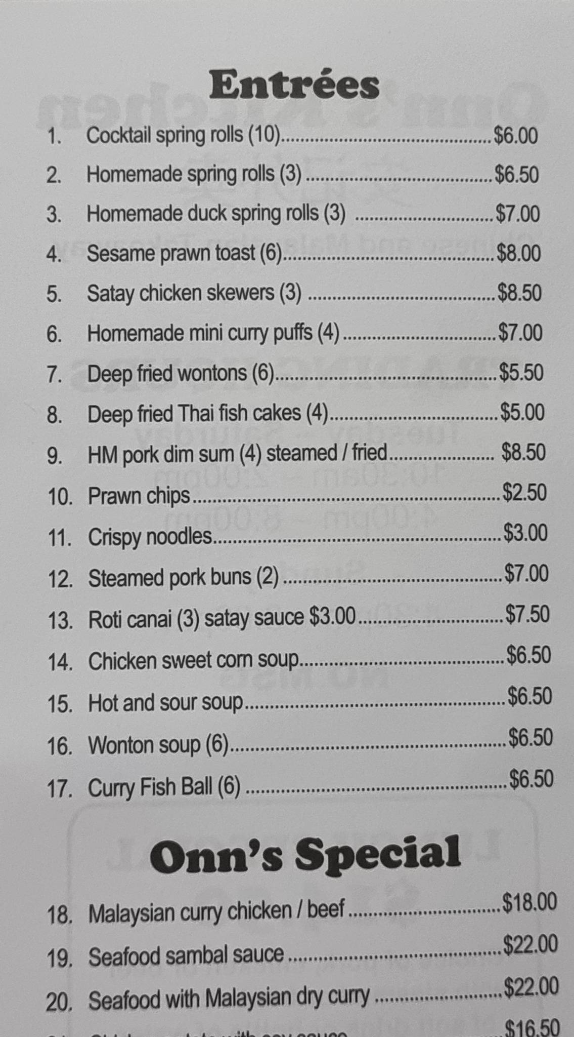 Menu at Onn's Kitchen Chinese and Malaysian takeaway restaurant, Cranbrook