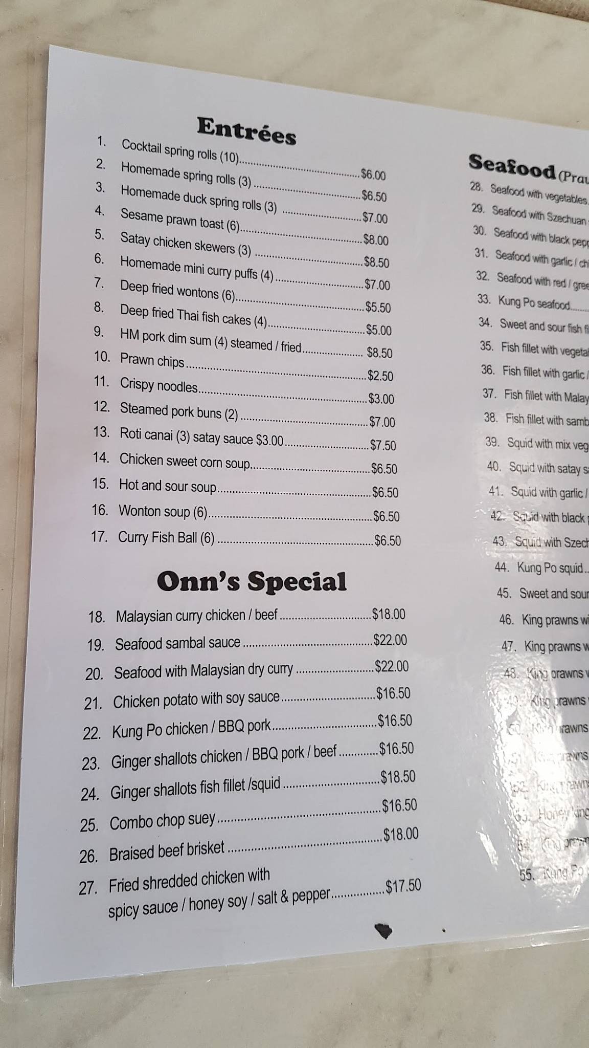 Menu at Onn's Kitchen Chinese and Malaysian takeaway restaurant, Cranbrook