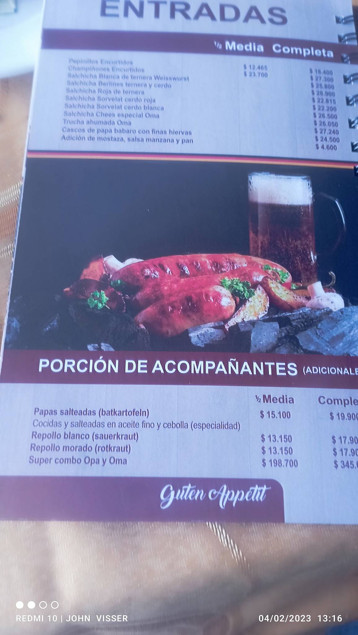 Menu at Opa and Oma restaurant, Colombia, Mall Carabanchel