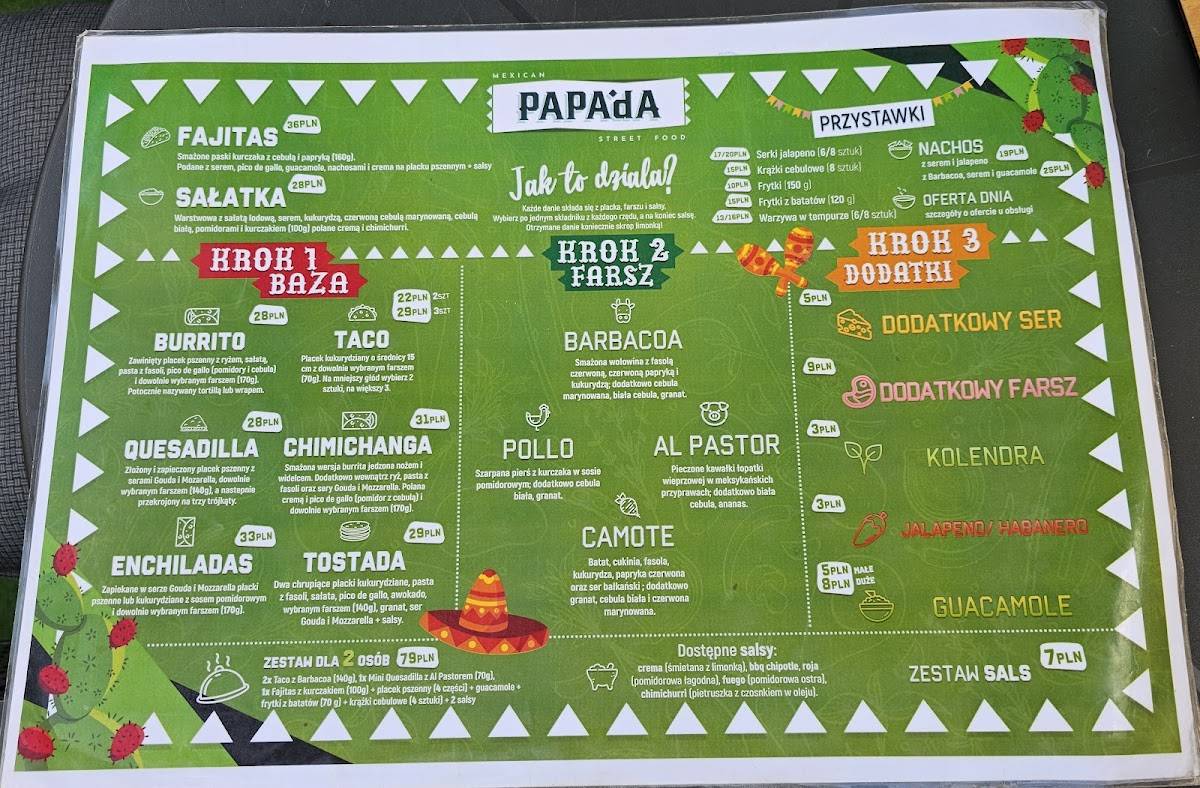 Menu at Papada restaurant, Opole