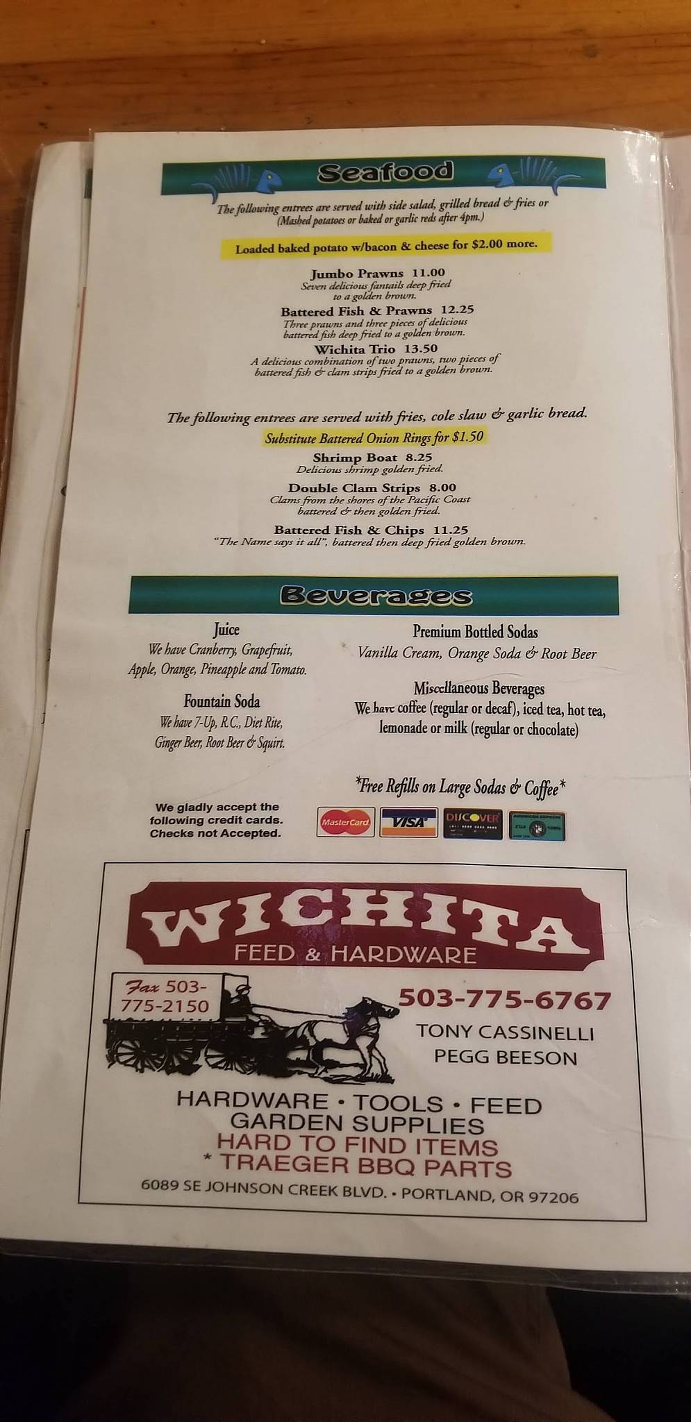 Menu at Wichita Bar & Grill, Oregon City