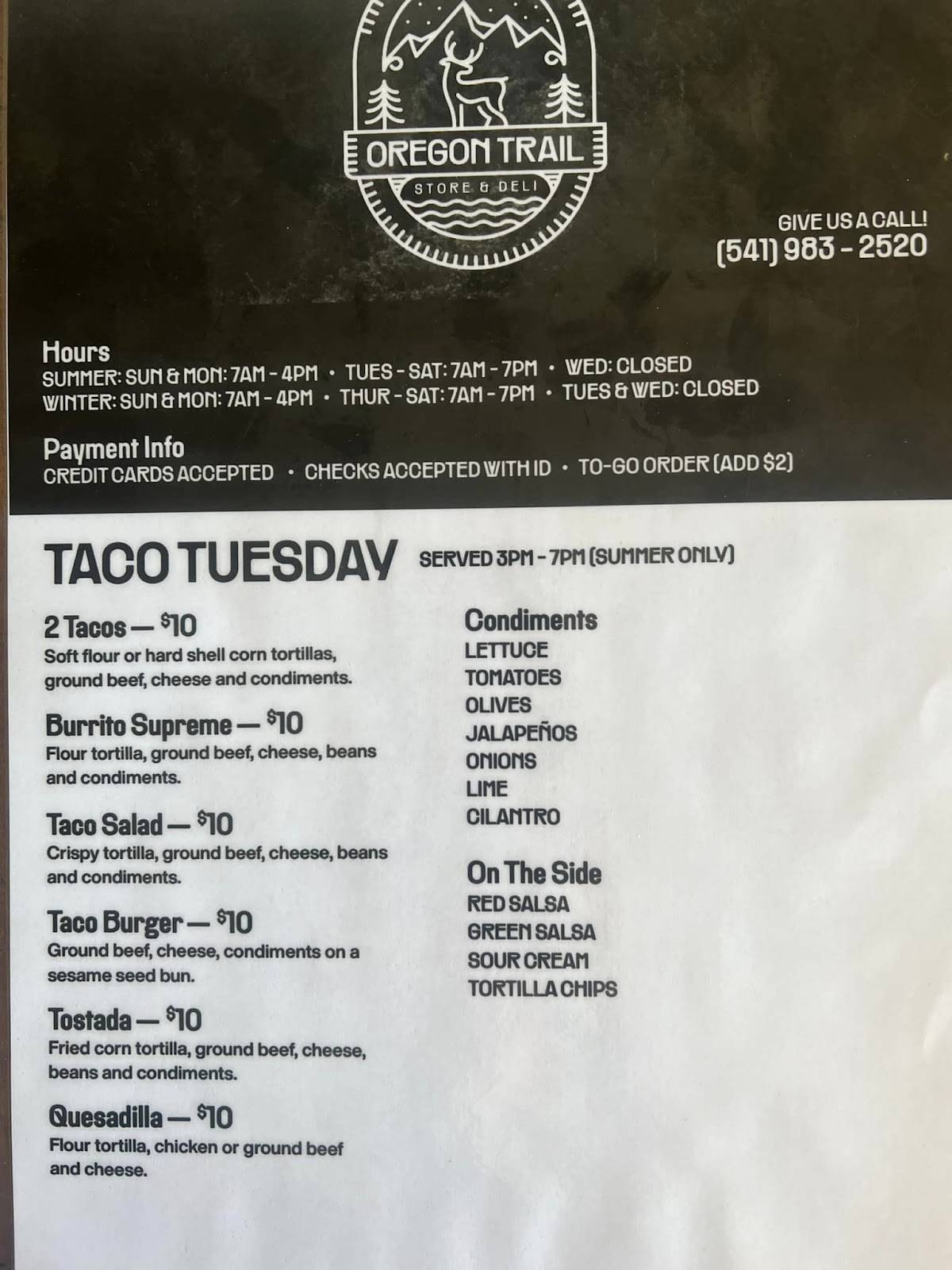 Menu at Oregon Trail Store & Deli cafe, Meacham, Old Oregon Trl