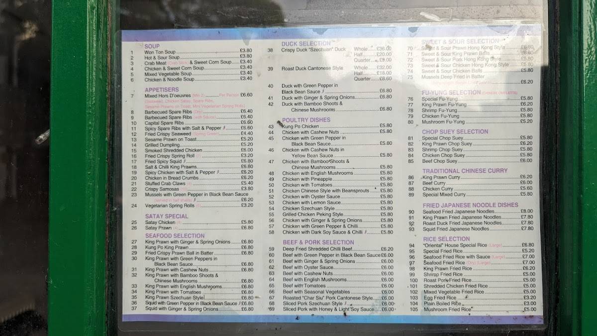 Menu at Oriental Chef fast food, Godalming
