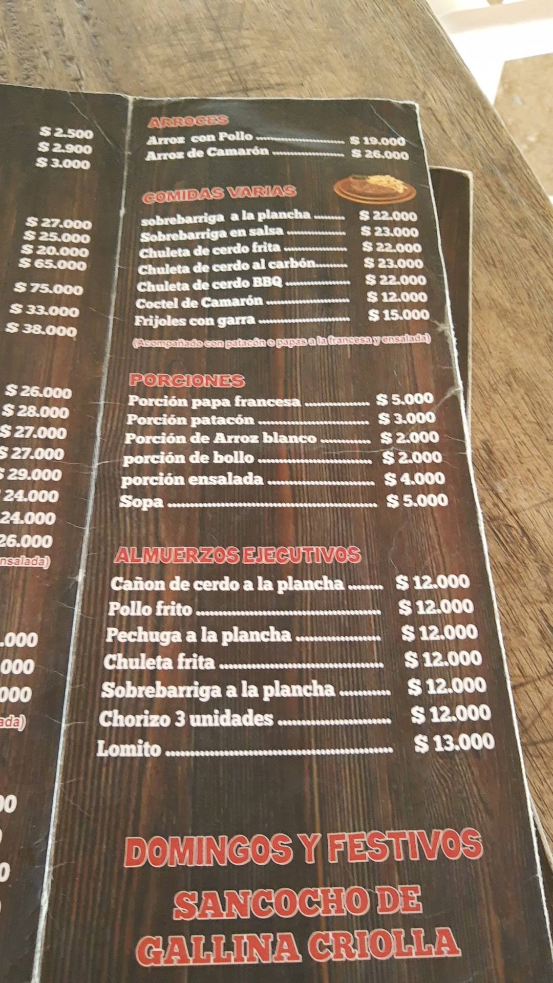 Menu at Original Gran Chorizo restaurant, Colombia