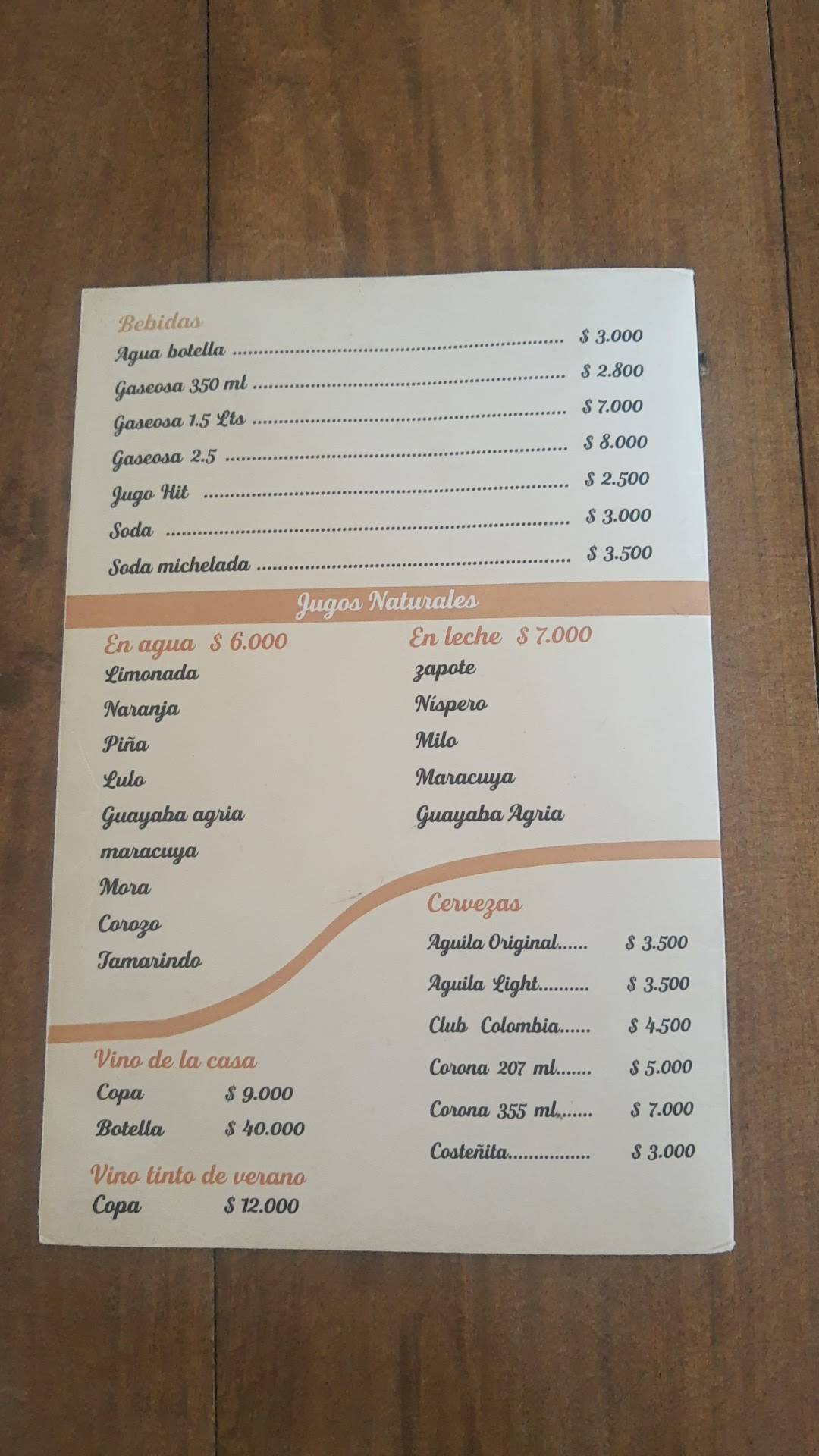 Carta del restaurante Original Gran Chorizo, Colombia