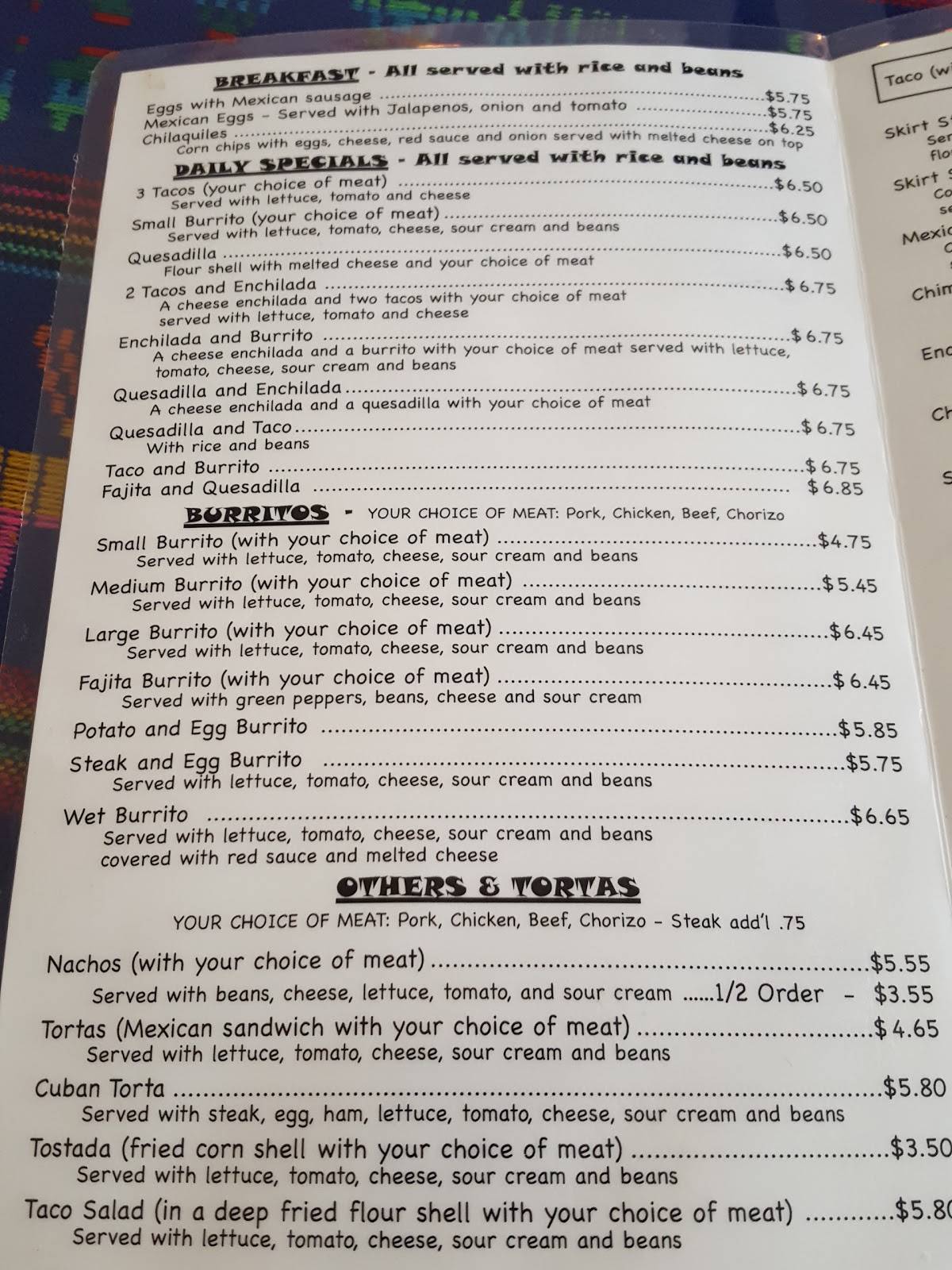 Menu at Original Taco restaurant, Morrison