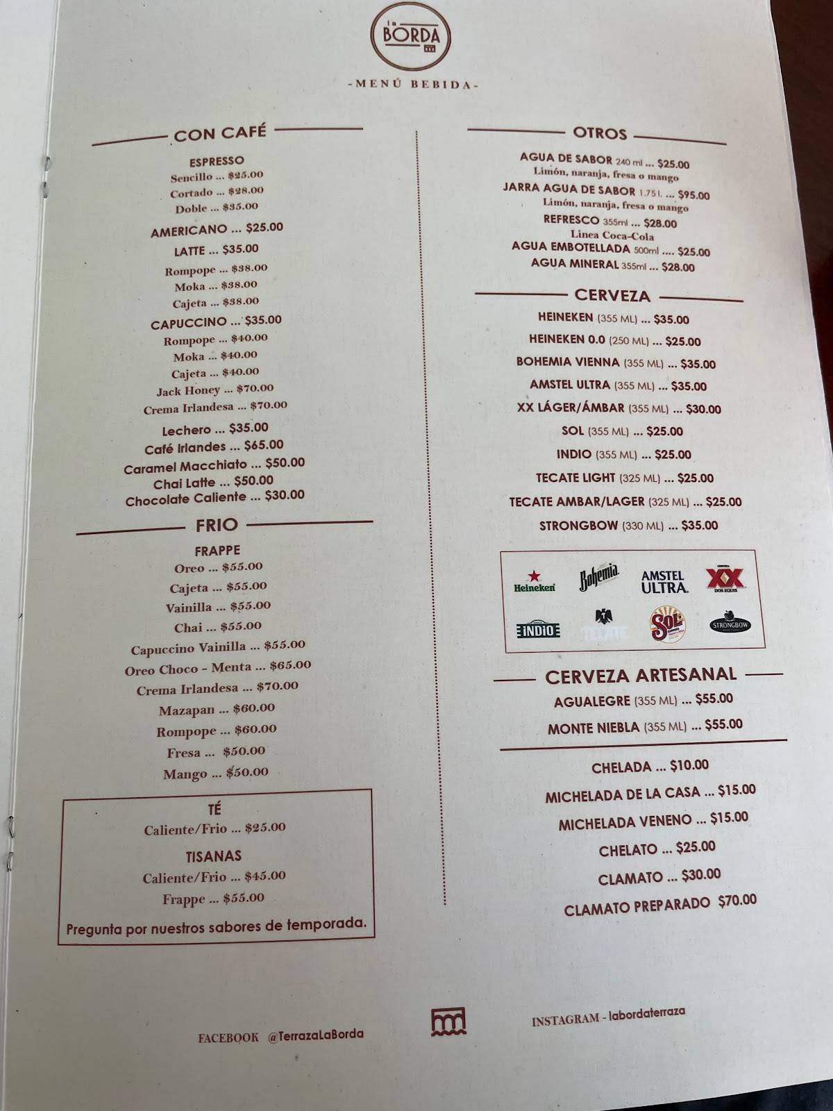 Carta del restaurante La Borda, Orizaba