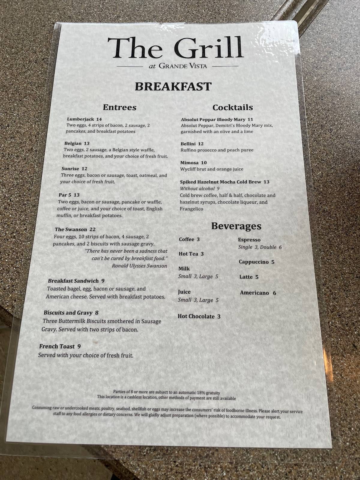 Menu at The Grill at Grande Vista steakhouse, Orlando, Ave Verde