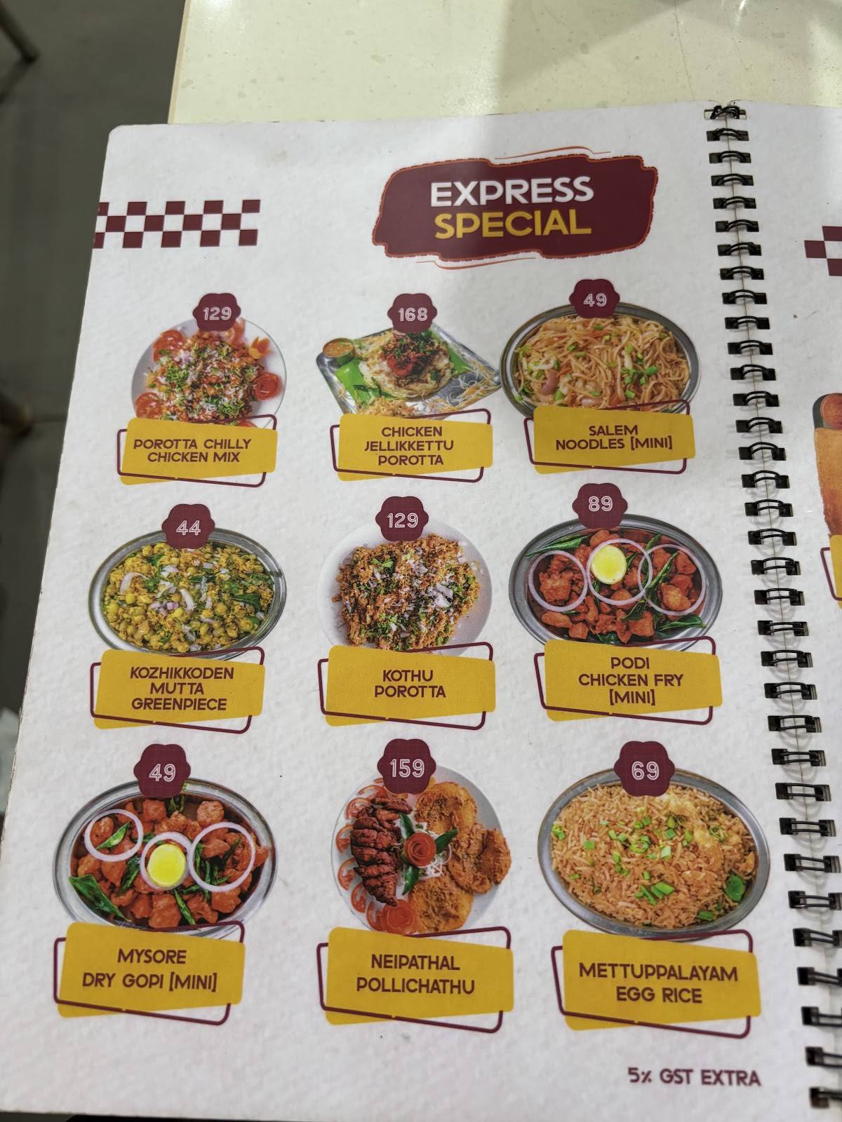 Menu at Oryx restaurant, Kanhangad