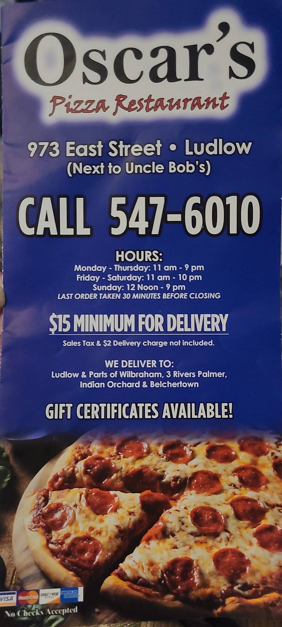Menu at Oscar's Pizza Restaurant, Ludlow