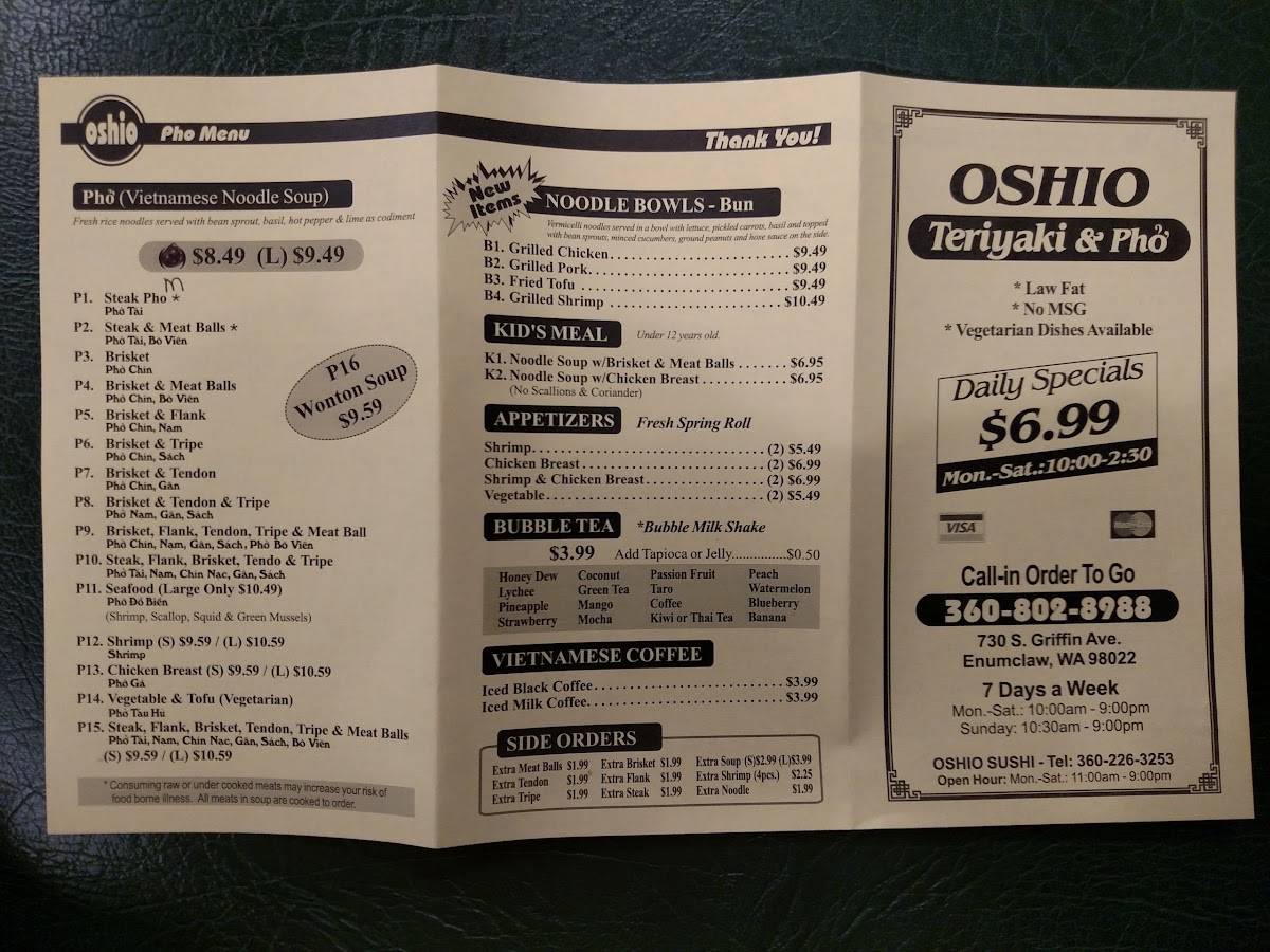 Menu at Oshio Teriyaki & Sushi restaurant, Enumclaw, 730 Griffin Ave