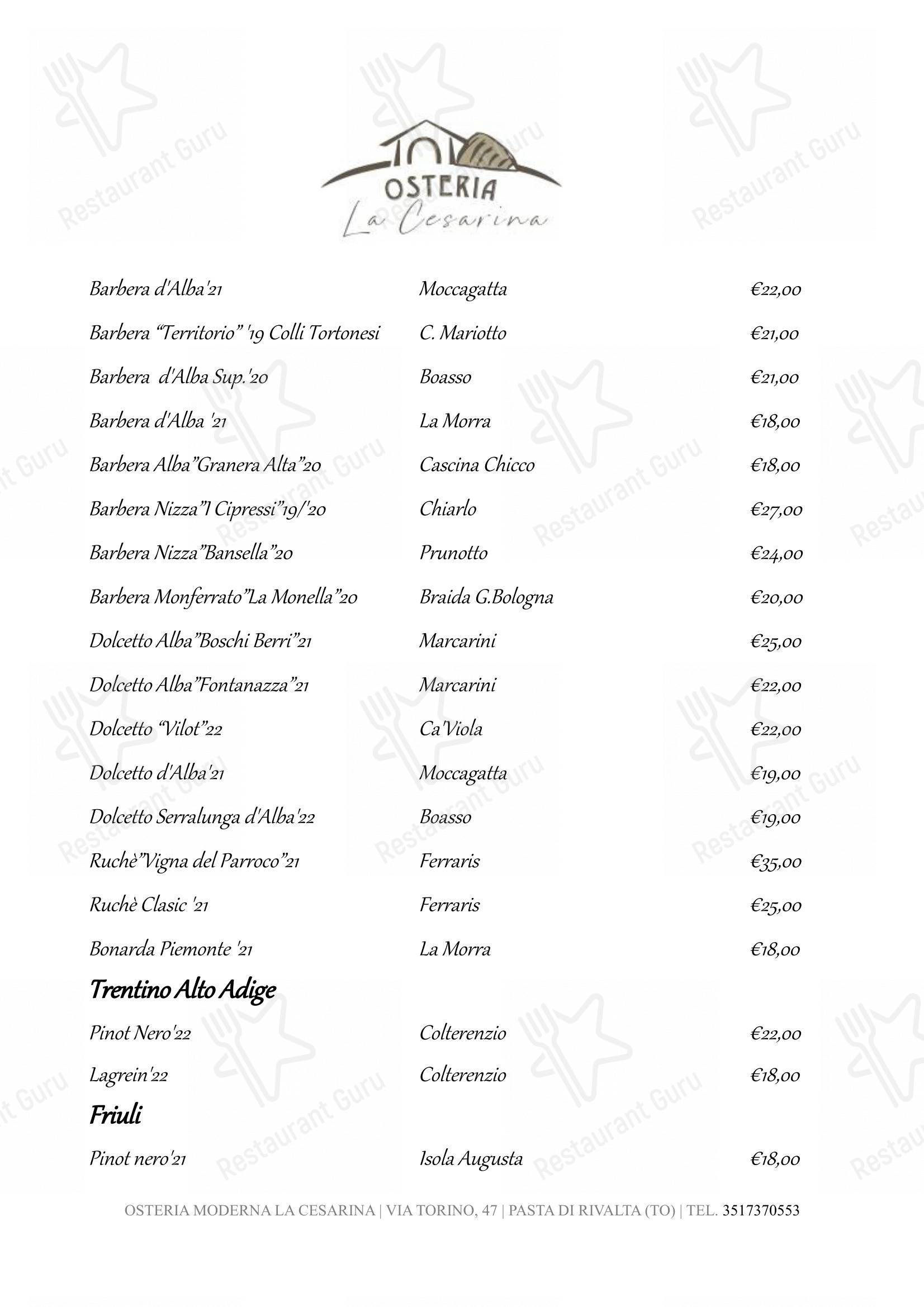 Menu da Osteria Moderna La Cesarina ristorante, Pasta