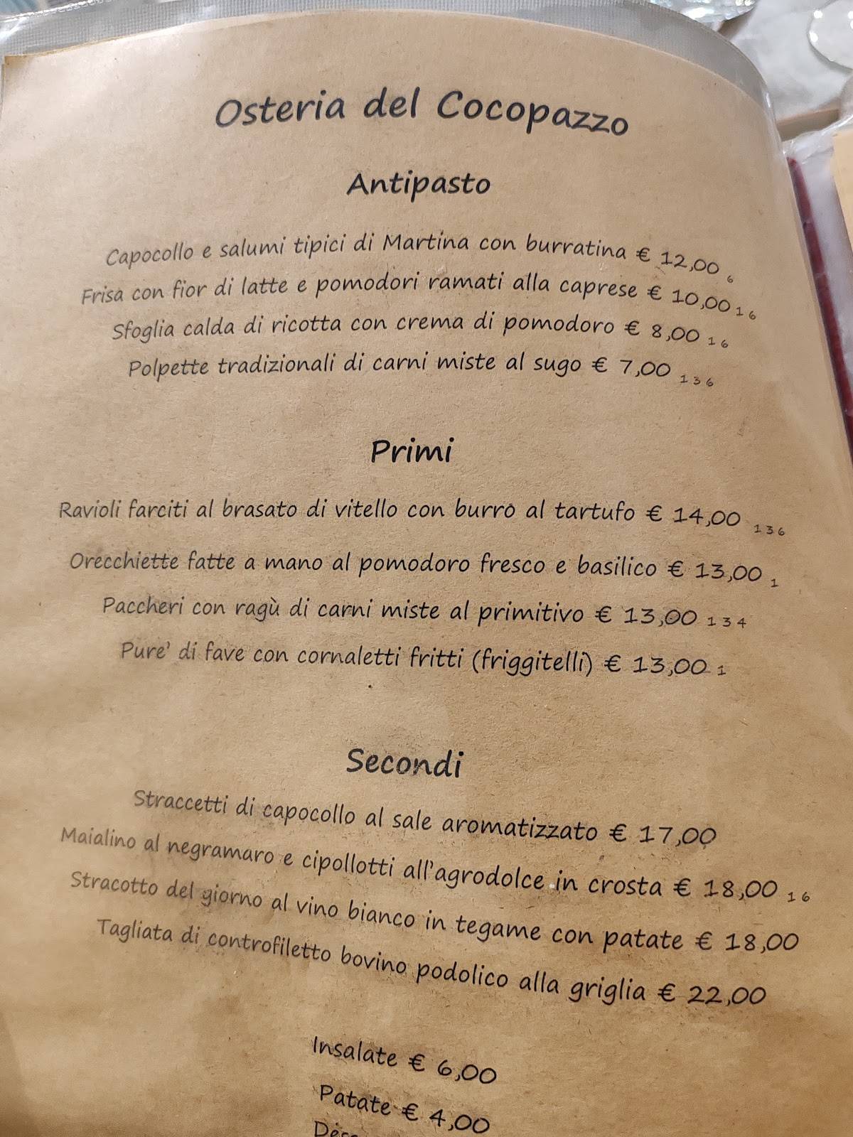 Menu da Osteria del Coco Pazzo ristorante, Martina Franca