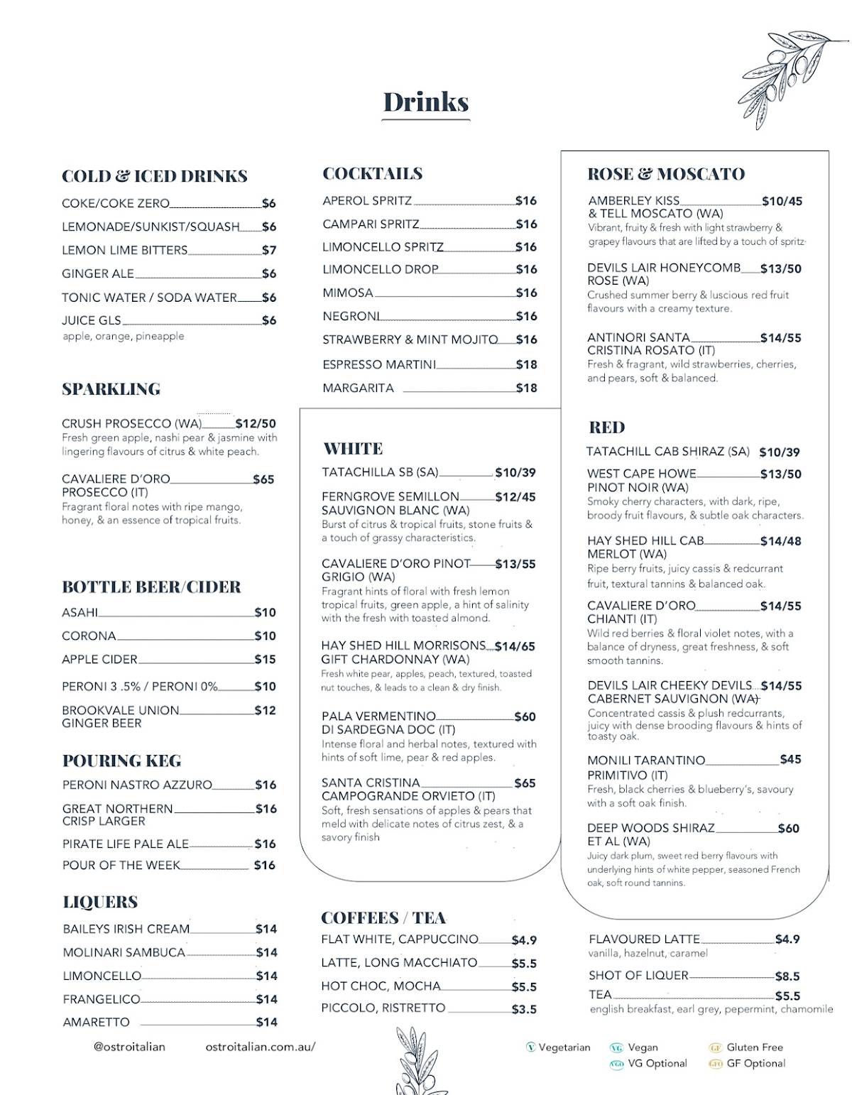 Menu at Ostro Italian restaurant, Fremantle