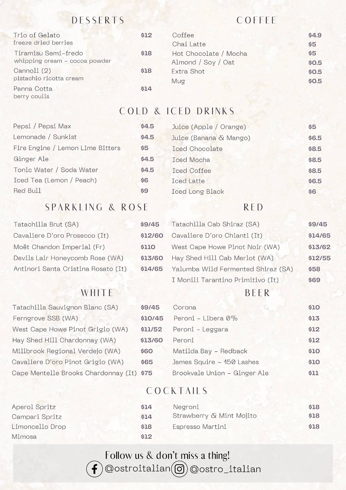 Menu at Ostro Italian restaurant, Fremantle