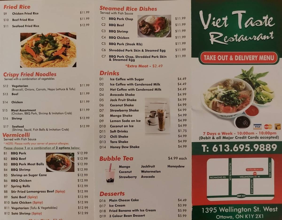 Menu at Pho Viet Taste restaurant, Ottawa