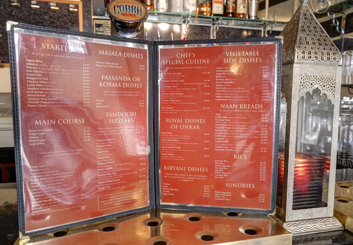 Menu at Onkar restaurant, Peterborough