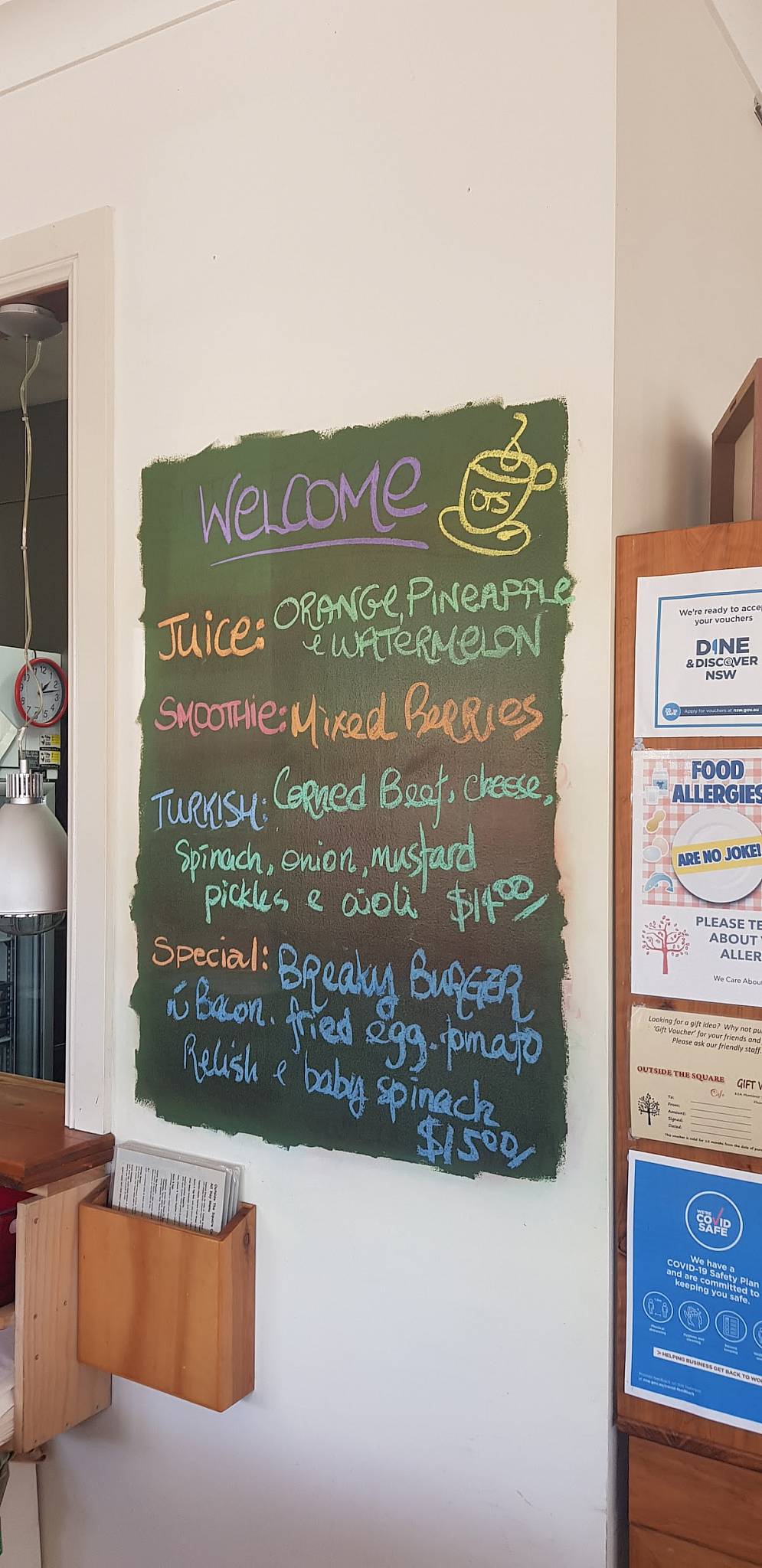Menu at Outside the Square Cafe, Mudgee