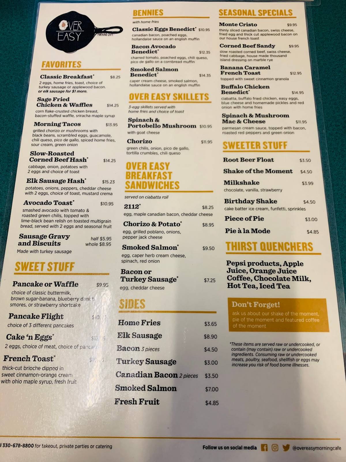 Menu at Over Easy At The Depot restaurant, Kent