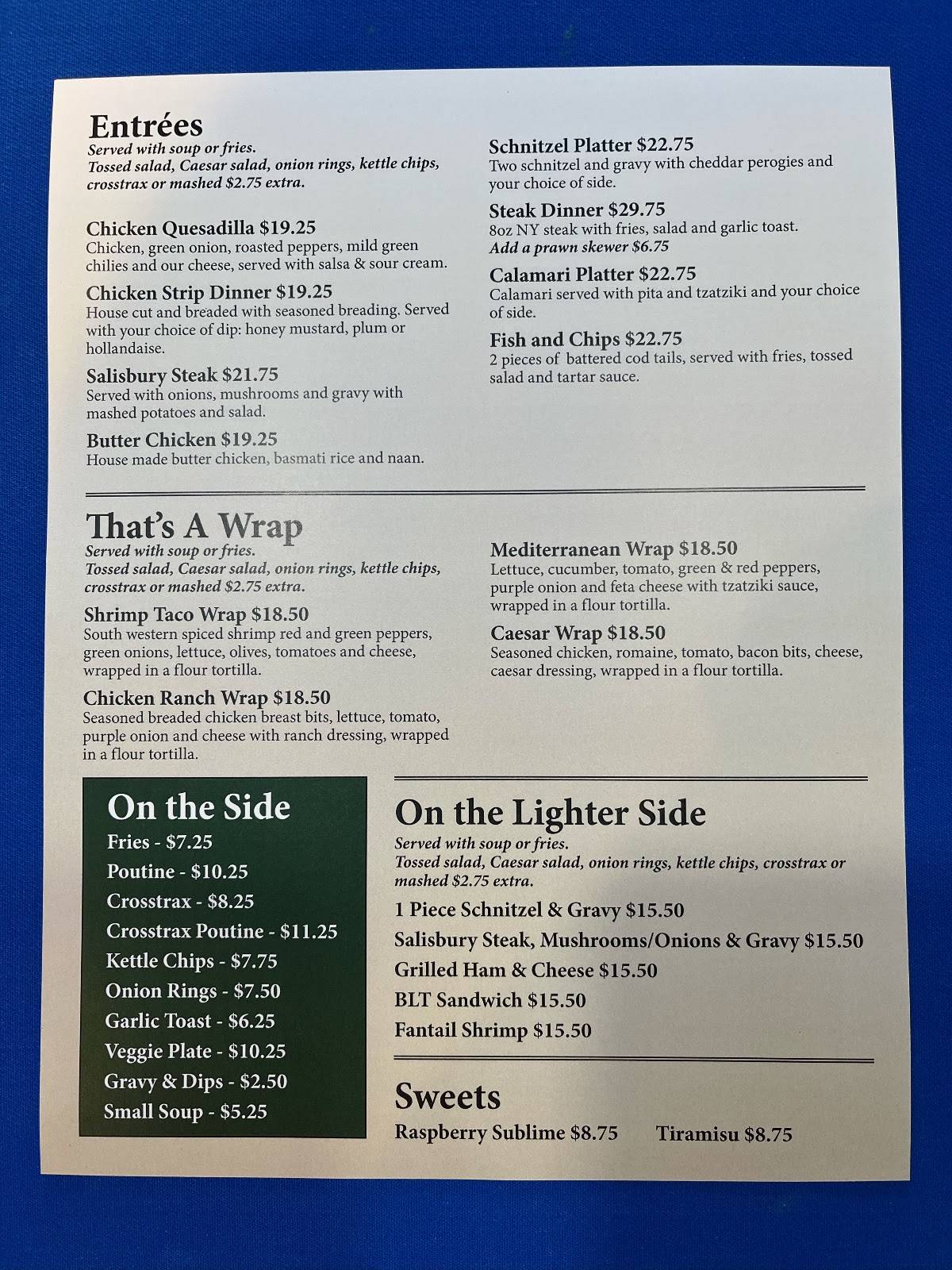 Menu at Overlander Pub, Williams Lake