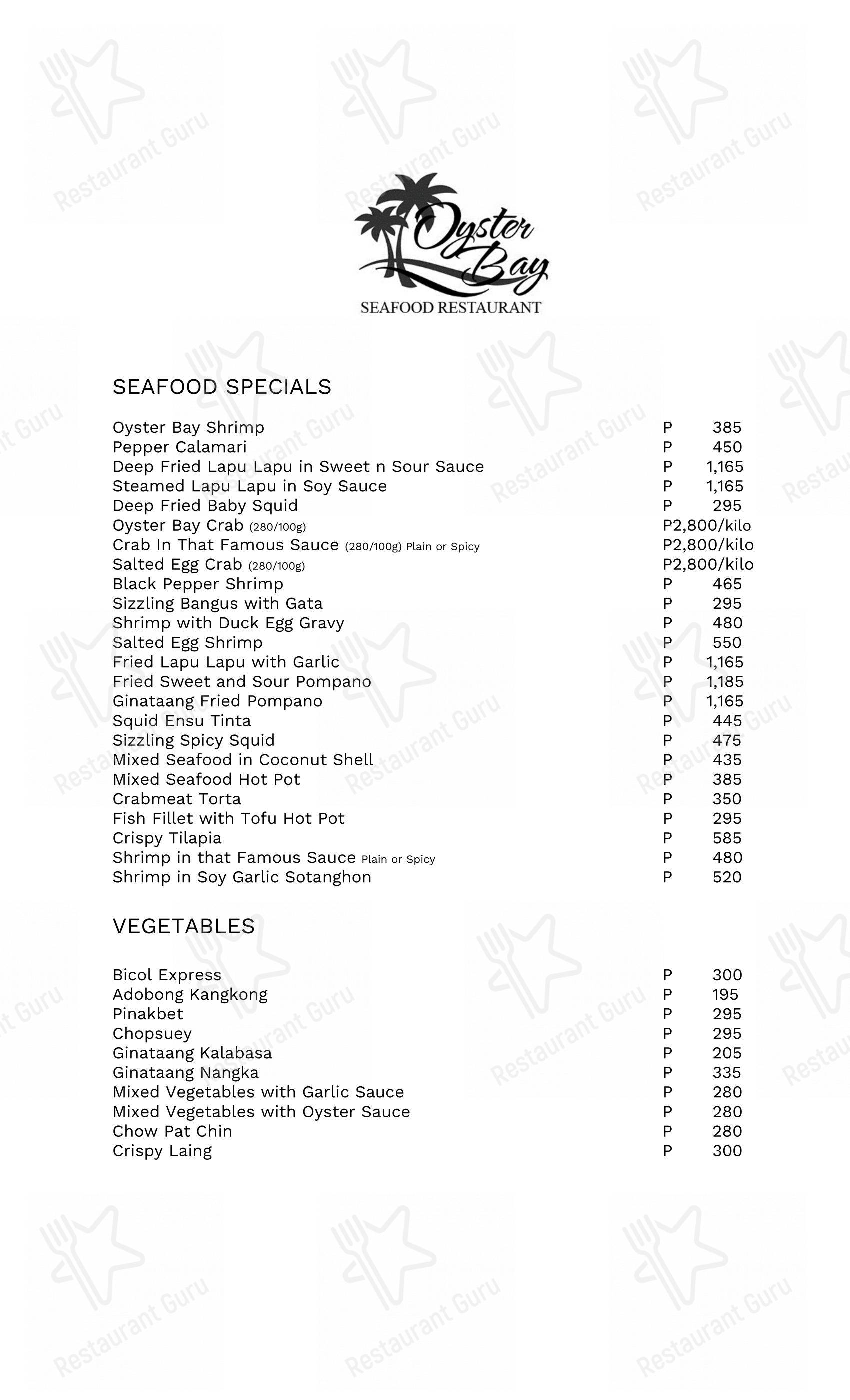 Carta de Oyster Bay Seafood Restaurant, Mandaue, Bridges Town Square