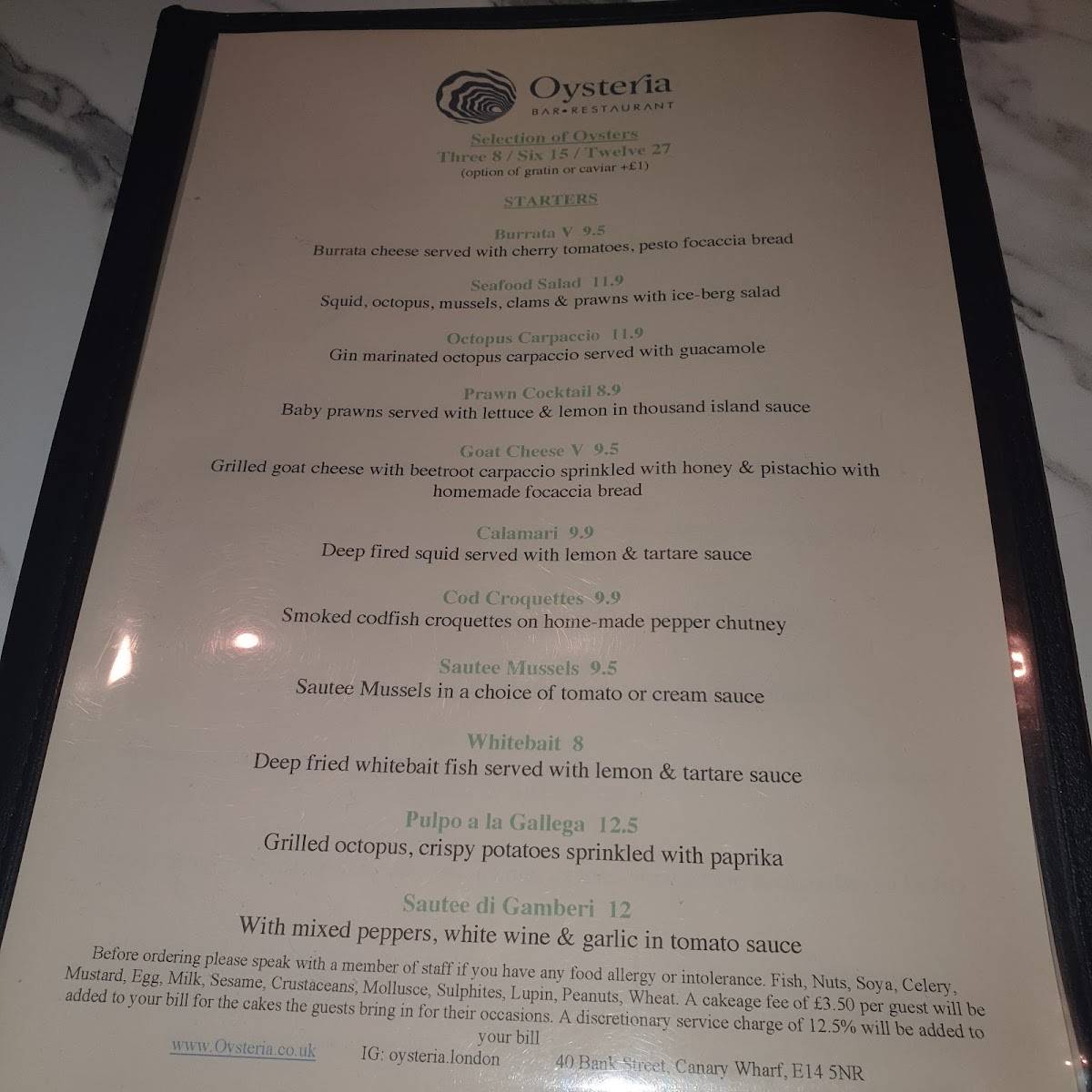 Carta del pub y bar Oysteria, Londres