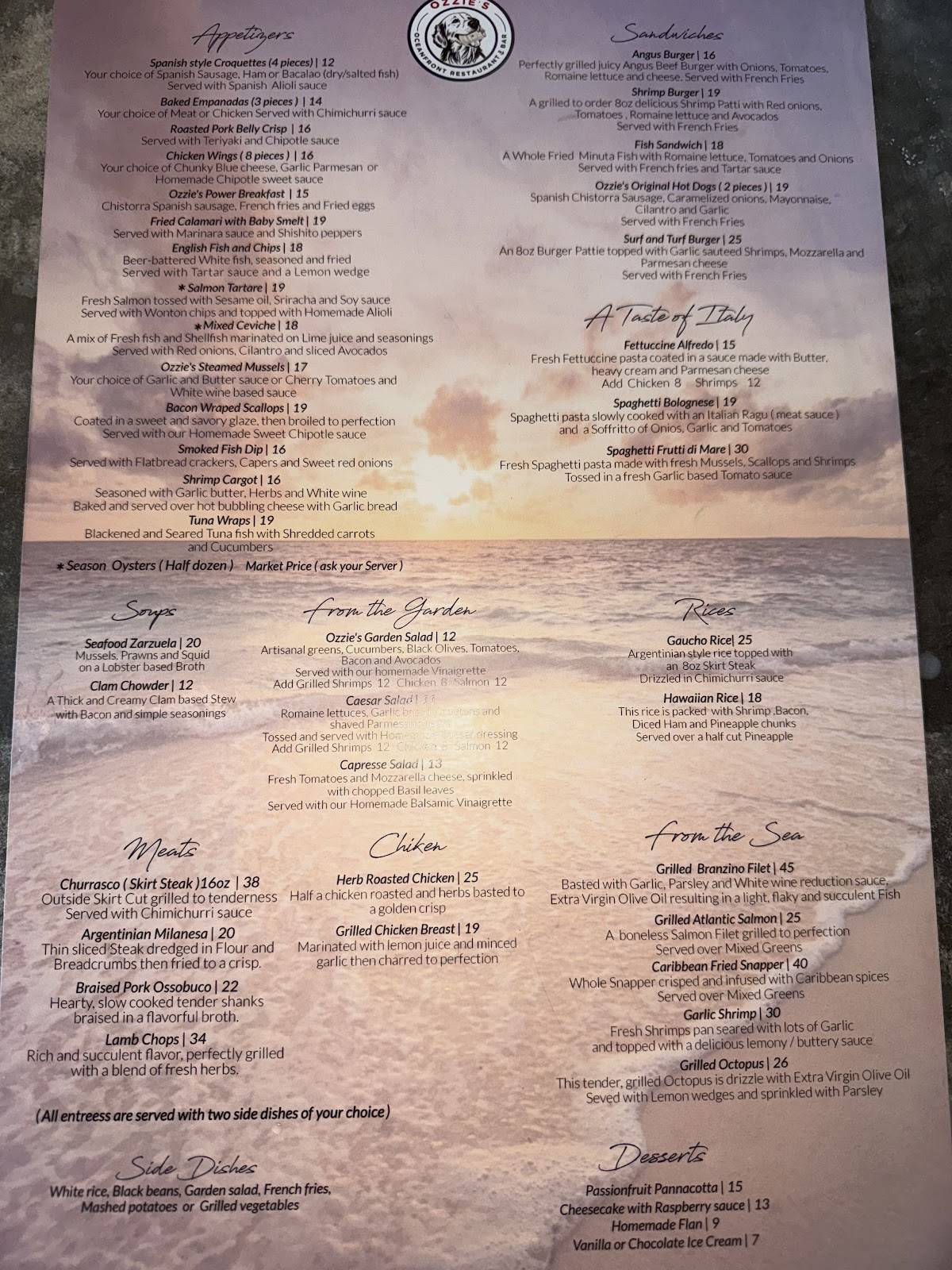 Menu at Ozzie's Restaurant Bar, Fort Lauderdale