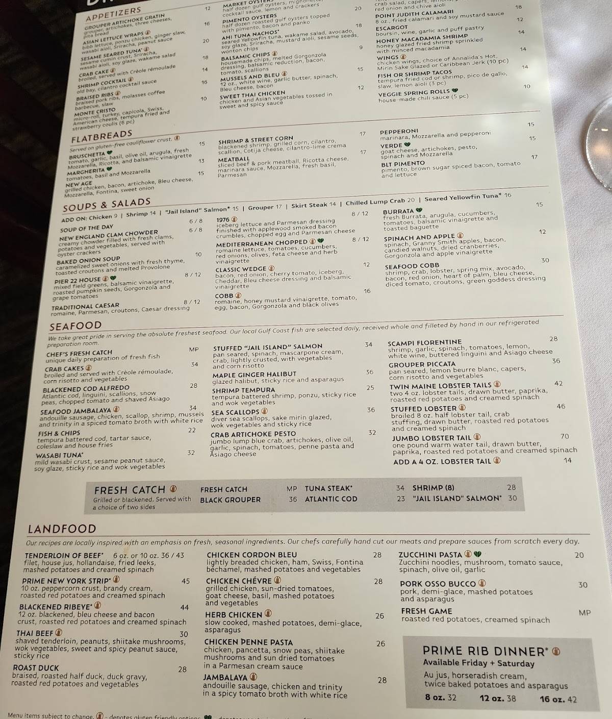 Menu at PIER 22 restaurant, Bradenton