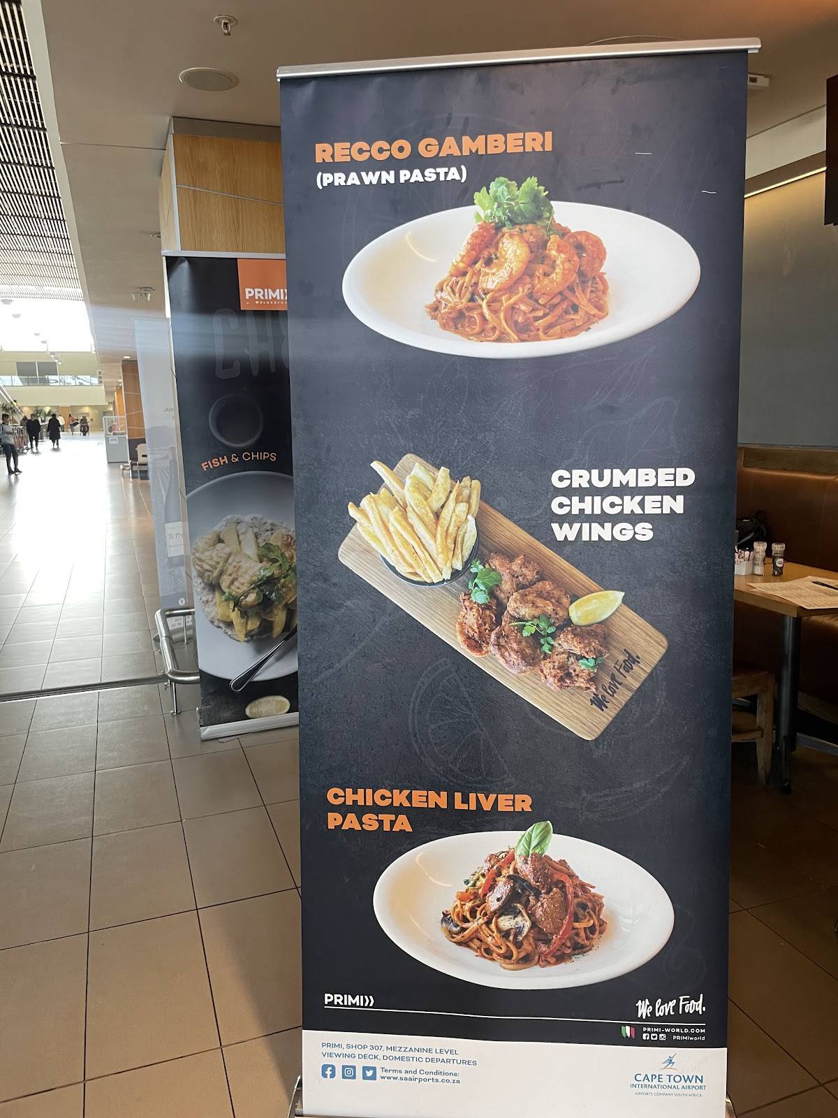 Menu at PRIMI Cape Town Airport restaurant, Cape Town, Shop 307